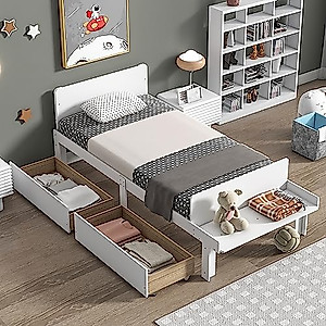 LostCat Full Bed with Storage, Full Bed Frames with 2 Drawers, Full Storage Bed Frame with Footboard Bench & Headboard, Full Bed for Kids, Kids Bed with Storage Drawers, No Box Spring Needed, White