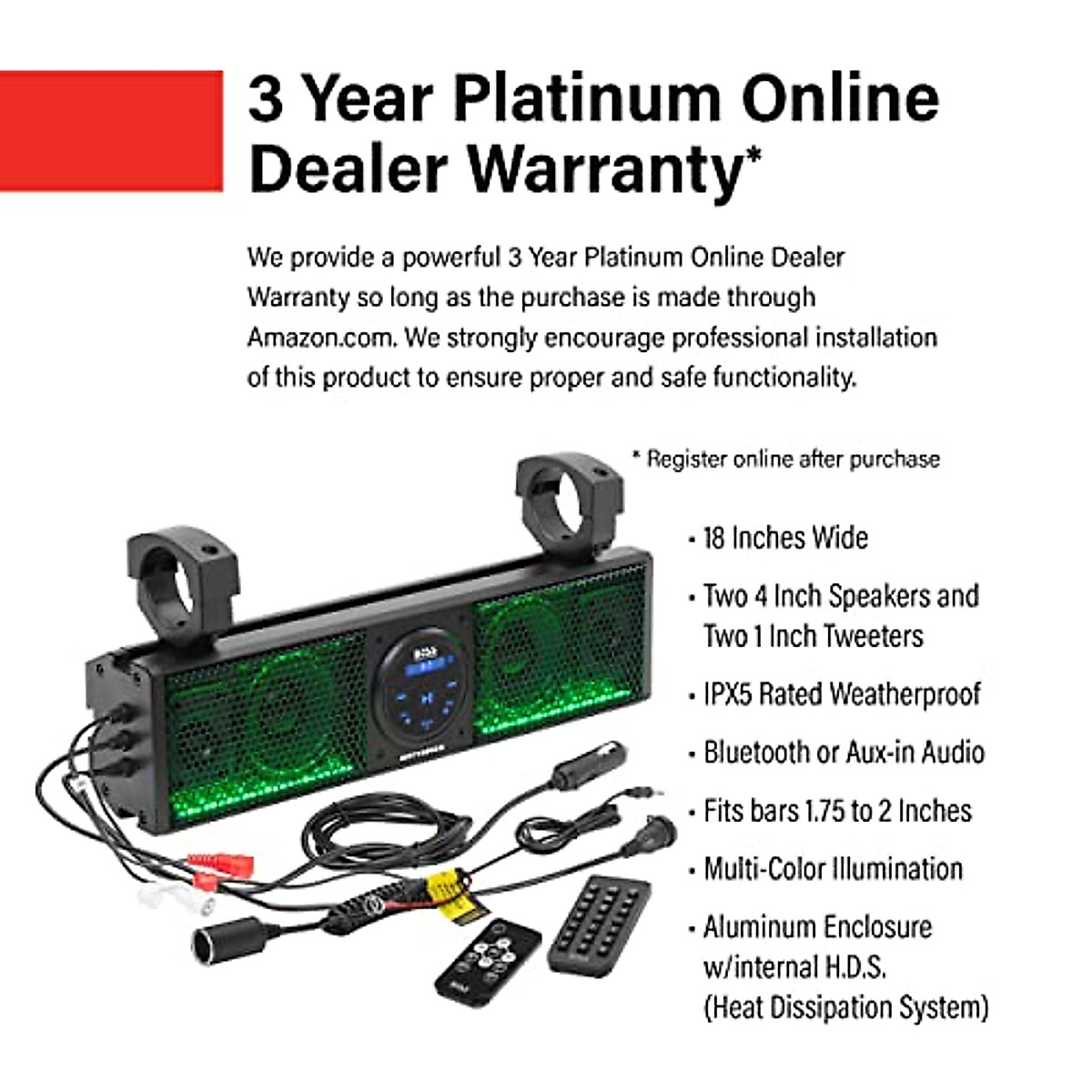 BOSS Audio Systems BRT18RGB ATV UTV Sound Bar System - 18 Inches Wide, IPX5 Rated Weatherproof, Bluetooth Audio, Amplified, 4 inch Speakers, 1 Inch Tweeters, USB Port, RGB Multicolor Illumination