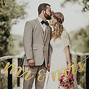 Pre-Strung Mr & Mrs Sign for Wedding Table - Wedding Decorations for Reception and Ceremony , Wedding Sign Gold Wedding Decor , Sweetheart Table Wedding Banner for Bride and Groom Chair - by Prazoli