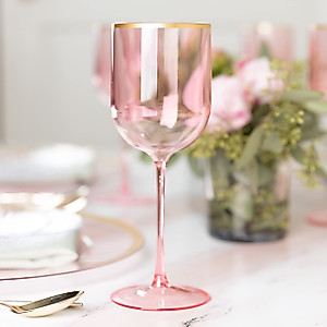 PARTY BARGAINS 5 Wine Goblets - Pink Gold Rim (12oz) - Disposable Shatterproof Elegant Design Plastic Wine Glasses with Stem - For Pool Parties, Outdoors Receptions, Weddings