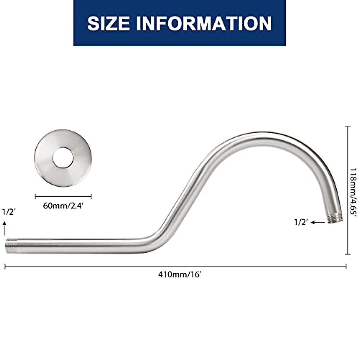 NearMoon Shower Head Extension Arm with Flange - S Shaped High Arc Gooseneck Long Shower Extender Pipe, Perfect for Rainfall Shower Head - Bathroom Accessory,16 Inch (Brushed Nickel)