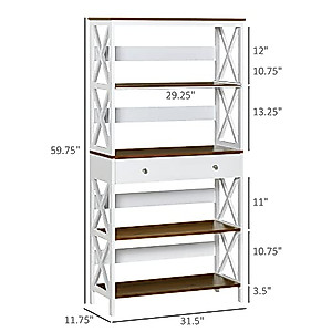 HOMCOM 4-Tier Shelving Bookcase Storage Cupboard with Pull Out Drawer, and Wooden Frame with X Bar Stability, White