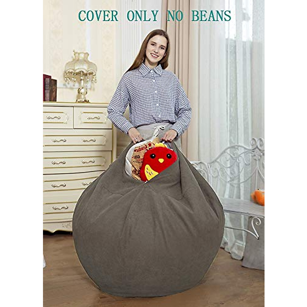 SANMADROLA Stuffed Animal Storage Bean Bag Chair Cover (No Filler)for Kids and Adults. Premium Corduroy Stuffable Beanbag for Organizing Children Plush Toys or Memory Foam Extra Large 300L (Warm Grey)