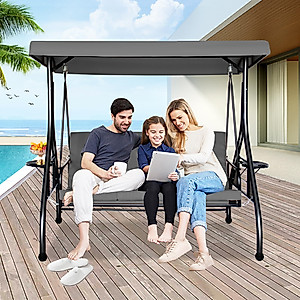 GARTOO 3-Seat Outdoor Large Porch Swing with Converting Canopy, Patio Hammock Lounge Swing Chair for Porch, Backyard, Poolside, Adjustable Shade & Removable Cushions(Gray)