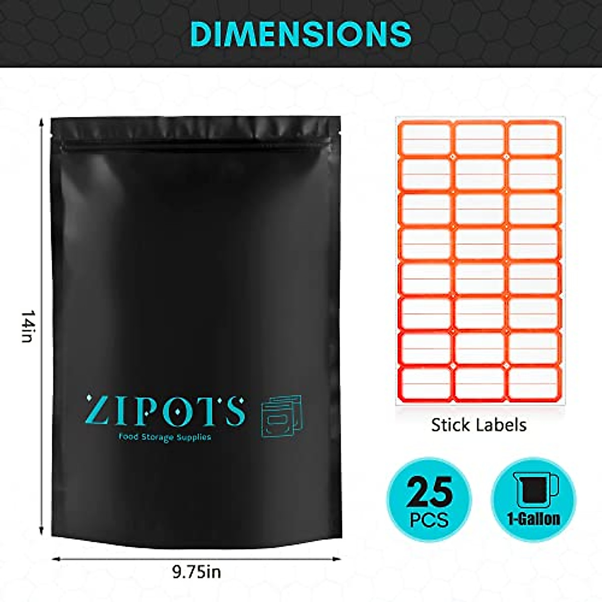 Zipots 25 Pieces Mylar Bags 1 Gallon Extra Thick 9.5 Mil - 10"x14" with Stand up Ziplock Pouches for Long Term Food Storage Bag with 40 pieces of Pink Stickers