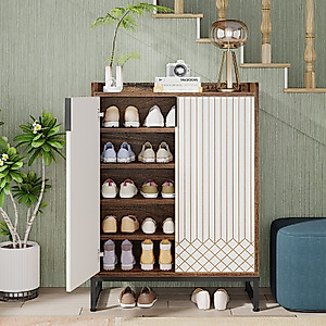 Tribesigns Modern Shoe Cabinet for Entryway, 25 Pairs Shoe Cabinet with Doors, Wood 5-Tier Shoe Organizer, Freestanding Brown Shoe Storage Cabinets with Black Metal Frame for Bedroom Living Room