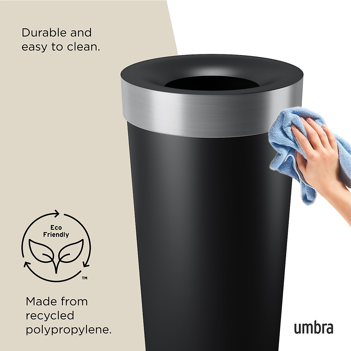 Umbra Vento Open Top 16.5-Gallon Kitchen Trash Large, Garbage Can for Indoor, Outdoor or Commercial Use, Black/Nickel