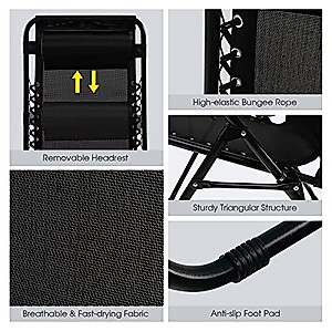 Goplus Zero Gravity Chair, Adjustable Folding Reclining Lounge Chair with Pillow and Cup Holder, Patio Lawn Recliner for Outdoor Pool Camp Yard (1, Black)
