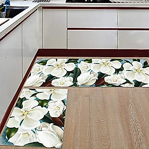 Watercolor Blooming Magnolia Floral Kitchen Rugs Set of 2, Washable Floor Door Mats Comfort Area Runner Rug Non-Slip Rubber Backing for Indoor White Flowers