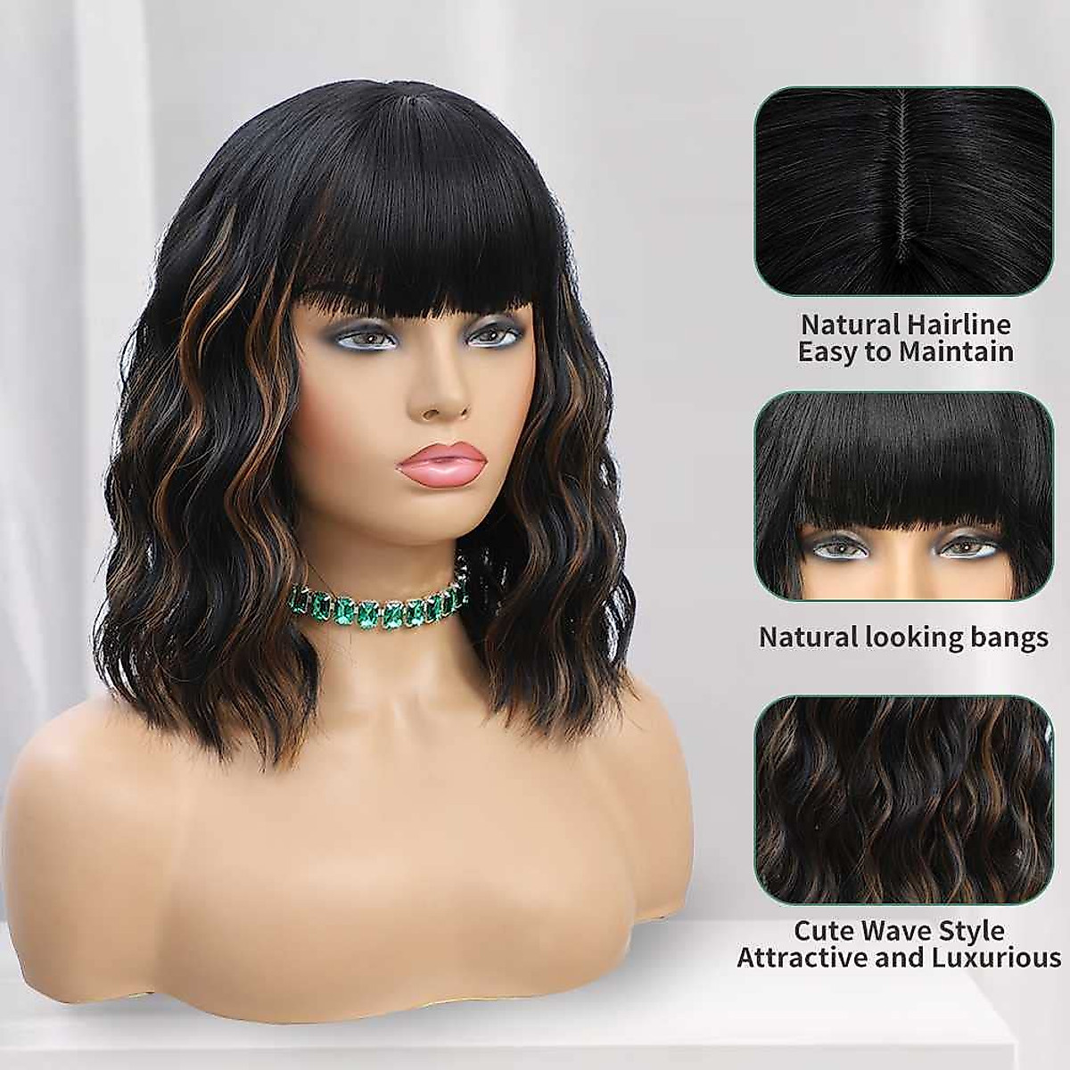 WAVE&BREEZE 14 Inch Black Mixed Brown Highlights Wigs for Women Short Wavy Curly Wig With Bangs Natural Looking Synthetic Hair Wigs Heat Resistant Fiber Wig for Daily Party (Black Mixed Brown)