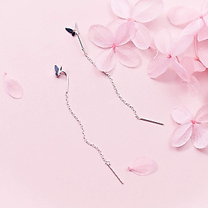 Minimalist Little Butterfly Tassel Chain Dangle Drop Earrings S925 Sterling Silver for Women Girls Cute Simple Threader Long Chain Statement Studs Earring Dangling Fashion Jewelry Gifts BFF