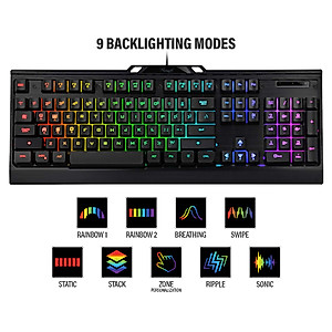 Rosewill NEON K54 Wired Membrane Gaming Keyboard, 9 RGB LED Backlight Effects, 104 Keys, 19-Key Anti-Ghosting, WASD and Arrow Keys Exchange, 8 Multimedia Hotkeys, Slim Profile Floating Keycaps