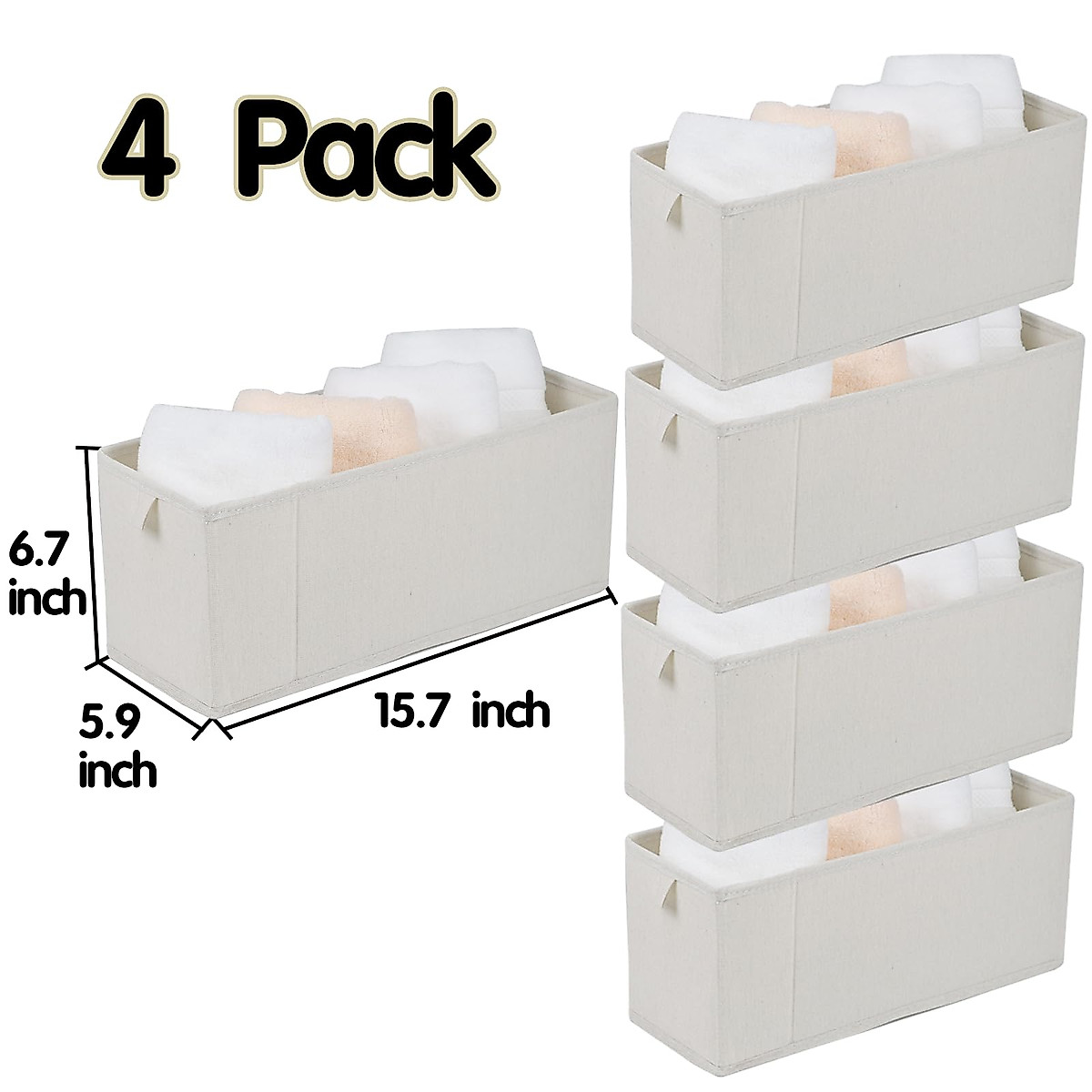 Fordonral 4 Pcs Fabric Narrow Storage Bins for Drawer, Shelf, Closet, Countertop, Small baskets for Organizing, Sock Underwear Organizer, Long Storage Container Bin