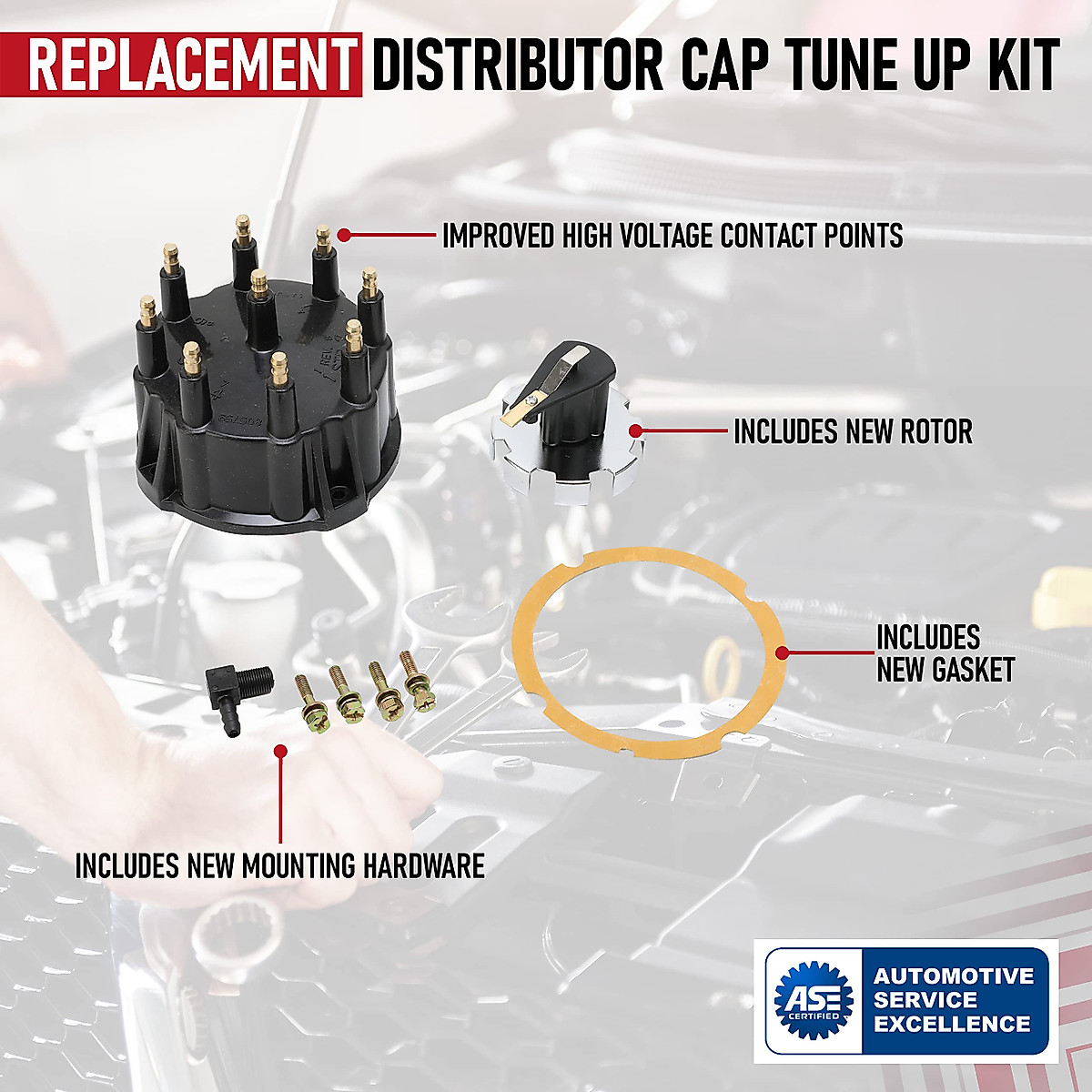 Replacement Distributor Cap Tune Up Kit - Compatible with Mercruiser GM V8 Engines with Thunderbolt IV, V HEI Ignition System - Replaces Parts 187523, 805759Q3, 805759T3 - Rotor, Cap, Gasket
