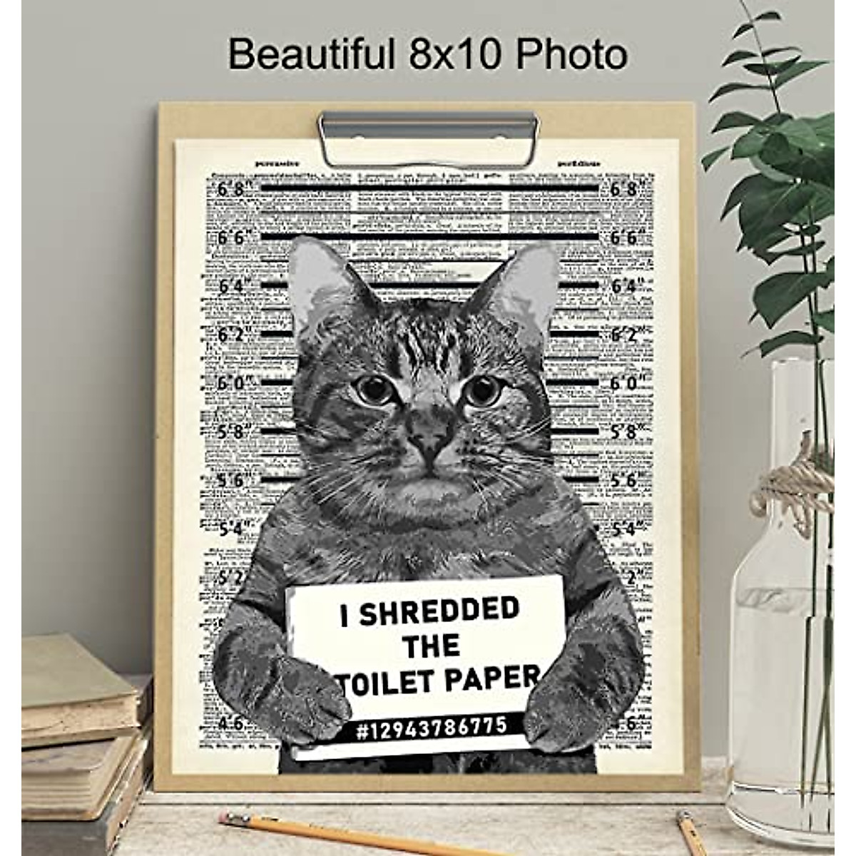 Guilty Cat Wall Decor - Cat Wall Art - Dictionary Art - 8x10 Humorous Poster, Mugshot Wall Art or Home Decoration for Bathroom, Bath - Funny Gag Gift for Cat Lovers - Upcycled Picture Photo Print