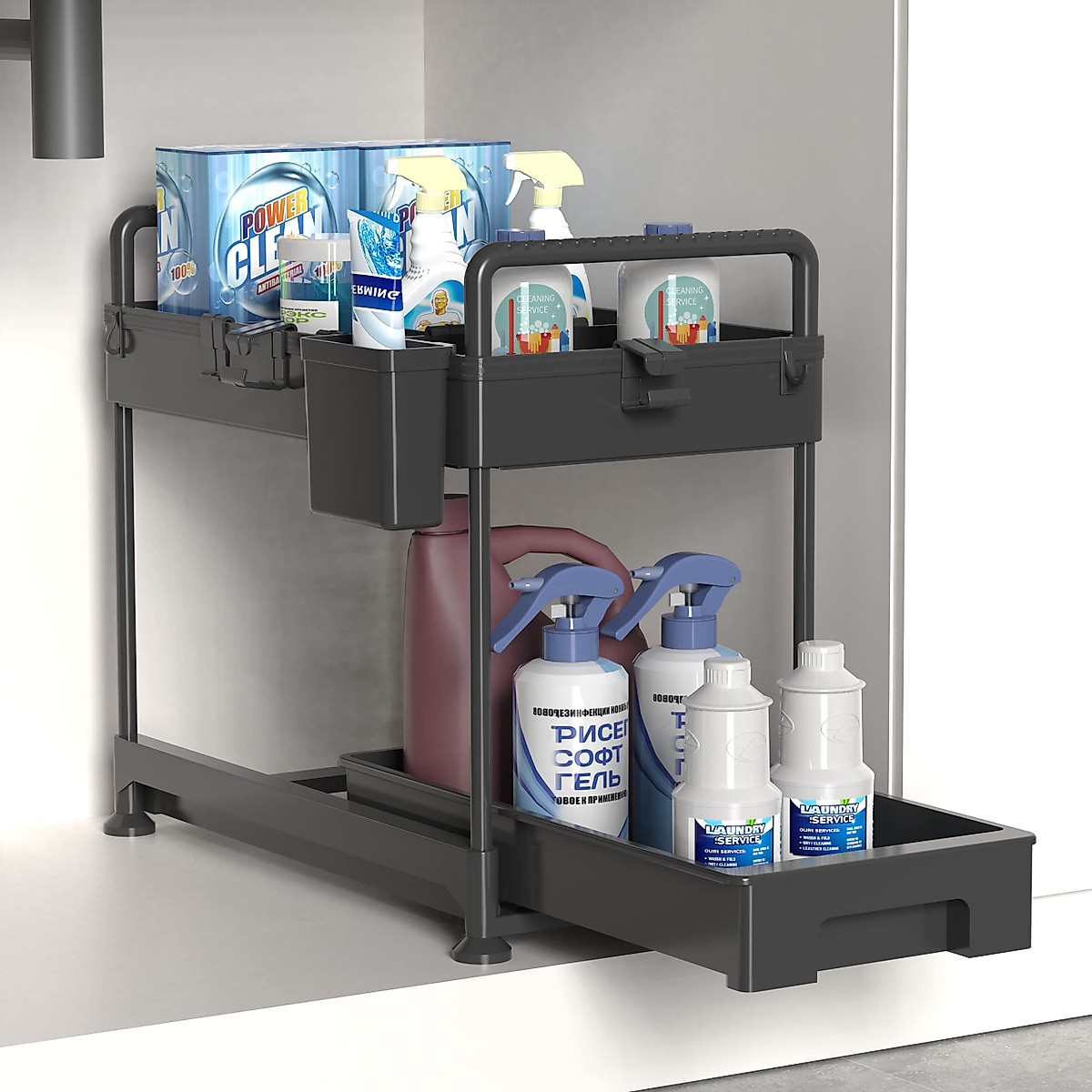 DDmispo Under Kitchen Sink Organizers and Storage, 2 Tier Bathroom Cabinet Undersink Organizer Storage Pull Out Shelf Drawer, Under-Sink Organizers Sliding Rack for Narrow Space