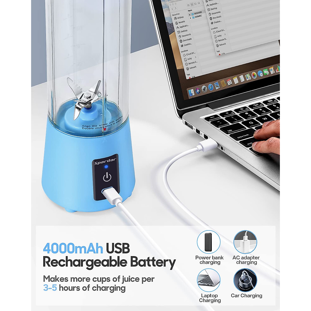 Spardar Portable Blender for Shakes and Smoothies, 4000mAh Personal Blender with 6 Blades, USB Rechargeable Blender Bottles Electric, Mini Blender Cup Portable Juicer for Home Sports Outdoors (Blue)