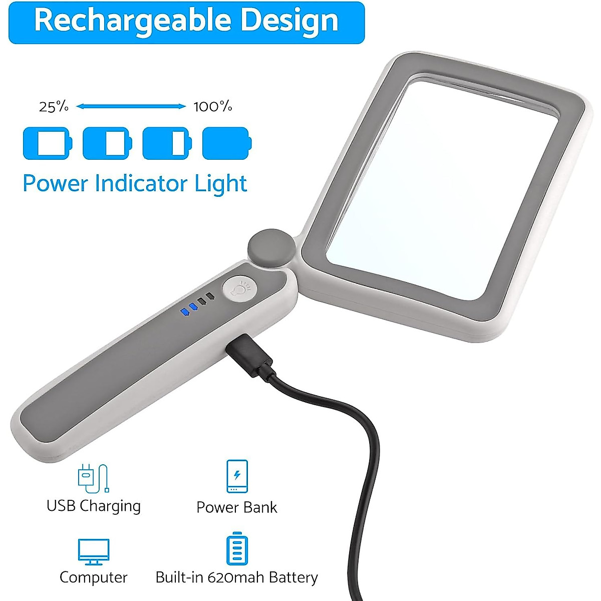 Handheld Magnifying Glass with Light,eSynic Rechargeable 4X Handheld Magnifying Glass High Clarity Acrylic Lenses Magnifying Glasses 4.3 * 2.5Inch Large Screen Handheld Magnifier for Reading etc