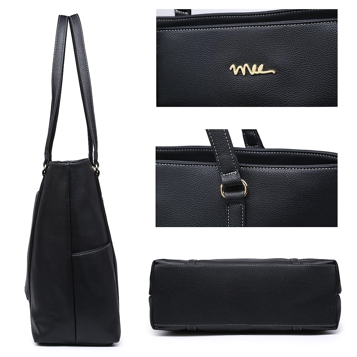 NNEE Classic Laptop Leather Tote Bag for 15 15.6 inch Notebook Computers Travel Carrying Bag with Smart Trolley Strap Design - Black