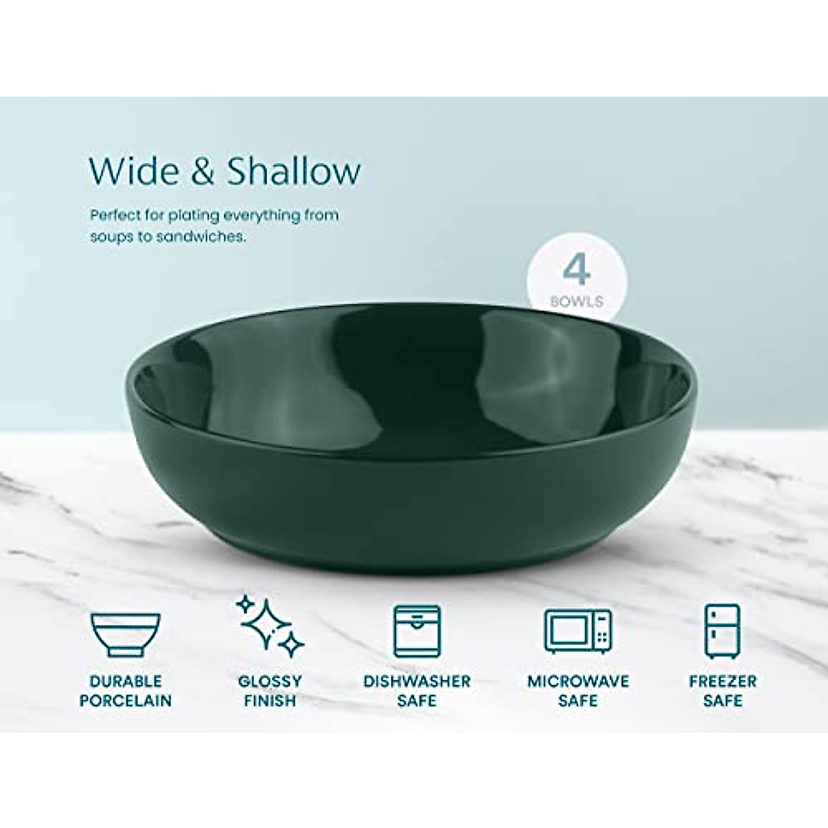KooK Porcelain Pasta Bowl Set, For Soups and Salads, Serving Bowls, Large Capacity, Microwave & Dishwasher Safe, Set of 4, 40 oz (Hunter Green)