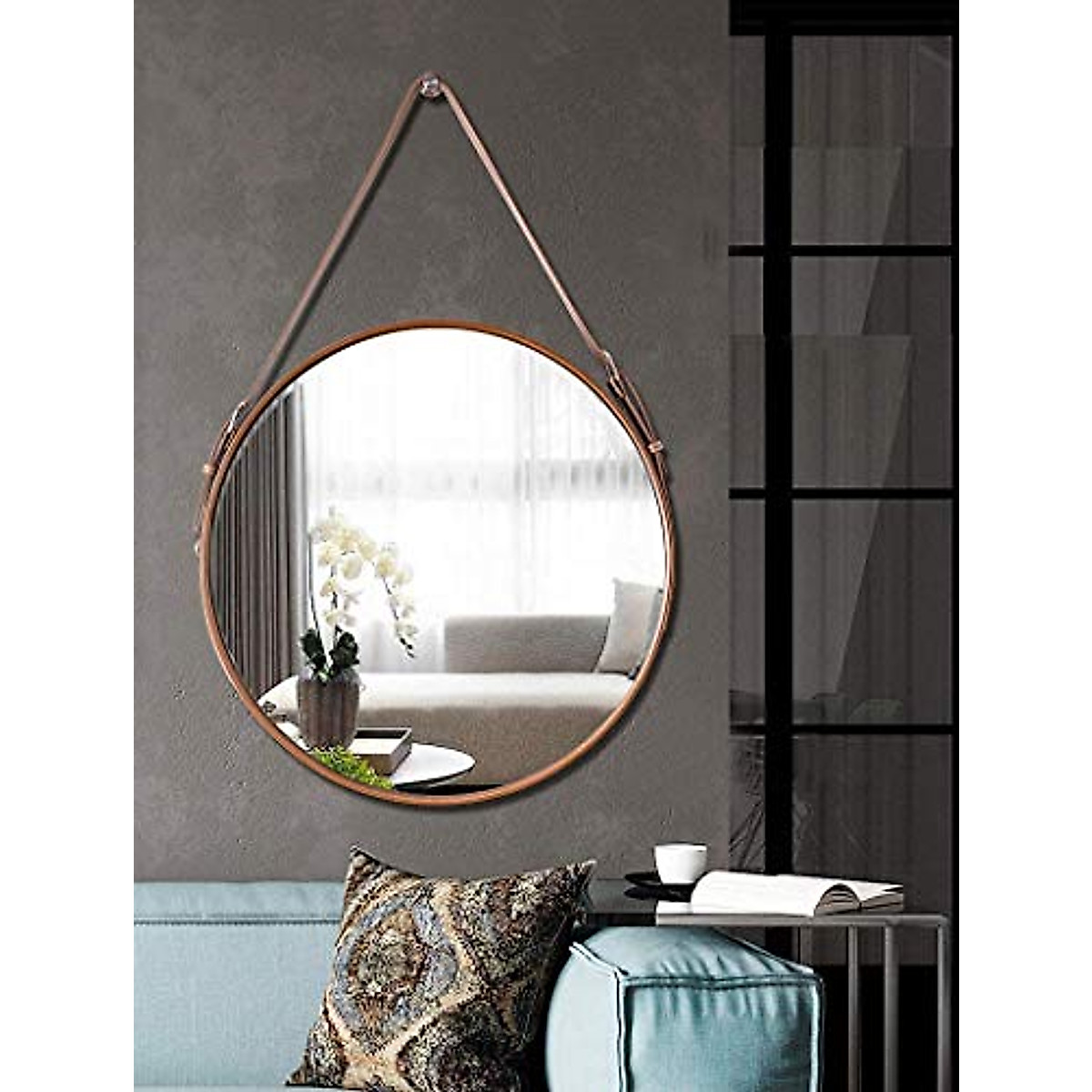 HofferRuffer Round Wall Mirror Decorative Mirror, Hanging Mirror with Hanging Strap Silver Hardware Hooker/Hanger, Diameter 23.6 inch, Brown-L