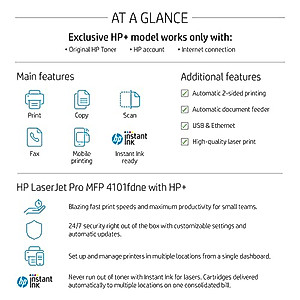 HP LaserJet Pro MFP 4101fdne Black & White Printer with HP+ Smart Office Features and Fax