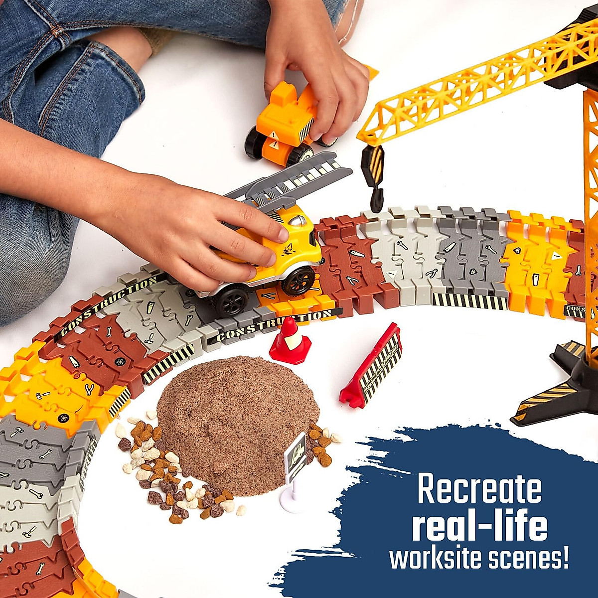 JITTERYGIT Construction Race Track Site Toy - Including Sandbox Vehicles, Trucks, Excavator, Bulldozer, Dump Truck, Crane - Birthday Gift for Kids, Boys, Girls, Toddlers for Ages 3 4 5 6 7 8 Year Old