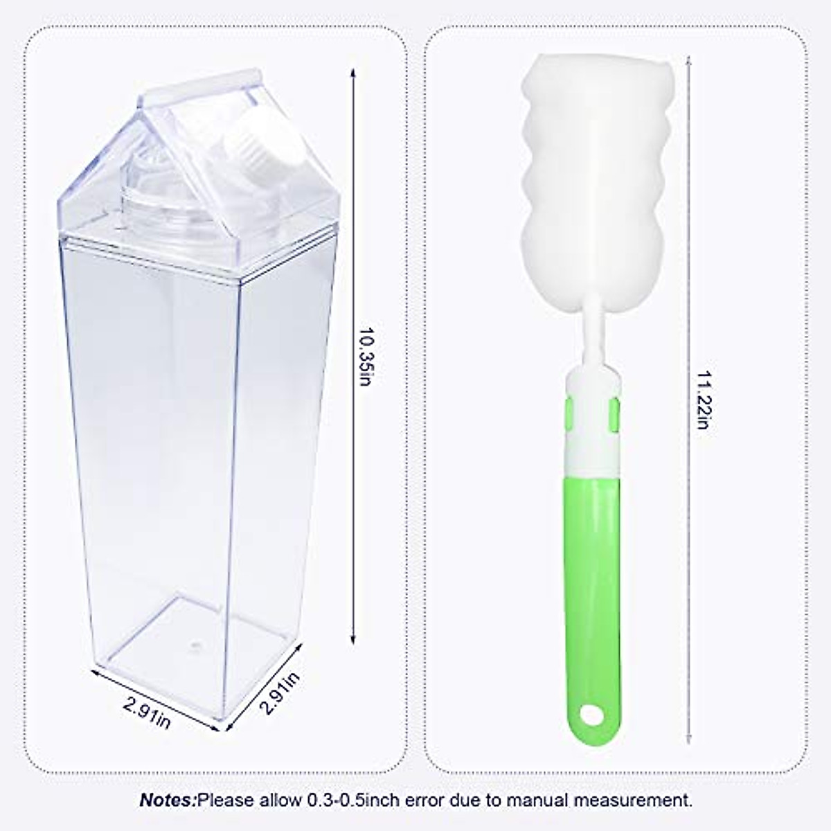 Bac-kitchen 33oz Milk Carton Water Bottle -Clear Square Milk Bottles BPA Free Portable Water Bottle with Stickers and Bottle Brush for Outdoor Sports Travel Camping Activities (H05)