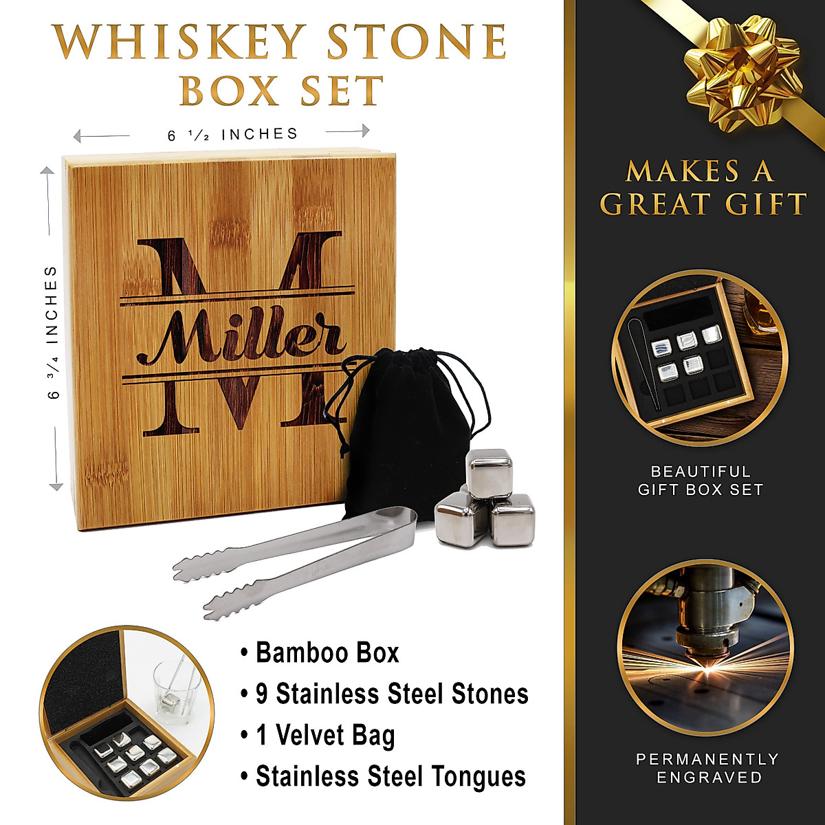 Personalized Whiskey Stone Gift Set - Custom Engraved Drink Stones Box