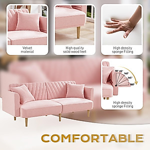 Nolohoo Velvet Futon Sofa Bed, Futon Couch, Small Sofa 75.3" Upholstered Comfy Loveseat Sleeper Sofa with Adjustable Armrests, Mid Century Couches for Living Room, Bedroom, Pink, Velvet