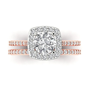 Clara Pucci 1.58 Carat Round Cut Clear VVS1 Ideal Zircon 14k Rose White Gold Halo with Accents Wedding Anniversary Ring Band Set, Size - 9