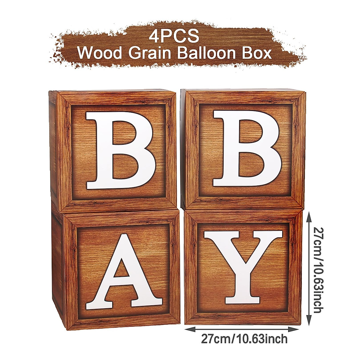 Baby Shower Boxes Party Decorations - 4 Wood Grain Brown Blocks with BABY Letter, Printed Letters,First Birthday Centerpiece Decor, Teddy Bear Baby Shower Supplies, Gender Reveal Backdrop