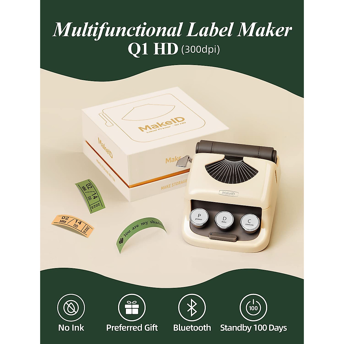 MakeID HD(300dpi) Label Maker Machine with 4 Rolls Tape, Bluetooth Multifunction Label Printer Available for Smartphone, Smart Sticker Maker with Multiple Templates for Office Home Organization