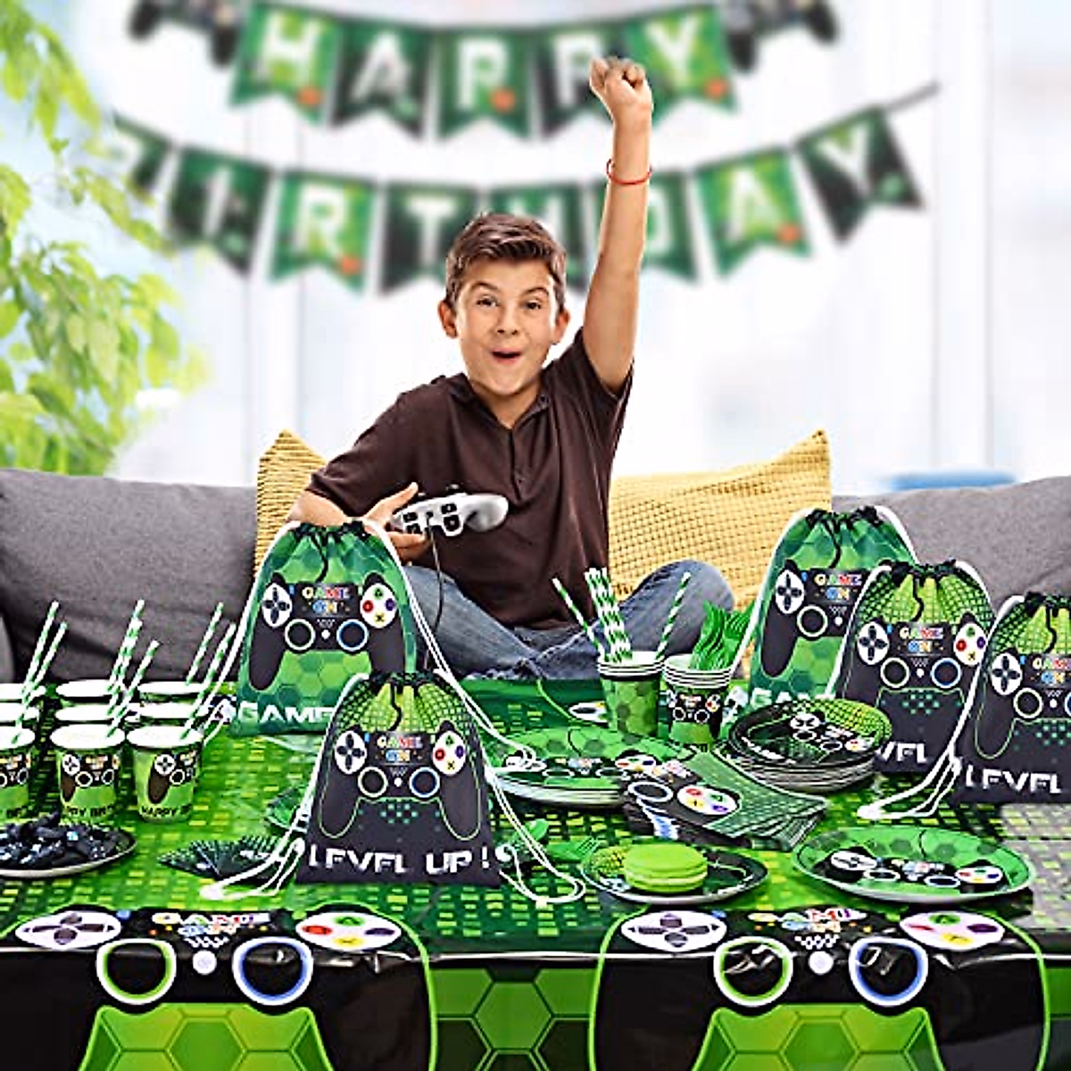 WERNNSAI Video Game Party Loot Bags - 12 Pack 10'' x 12'' Game On Theme Gifts Bags for Boys Drawstring Backpack Goodie Candy Favor Bags Birthday Party Supplies