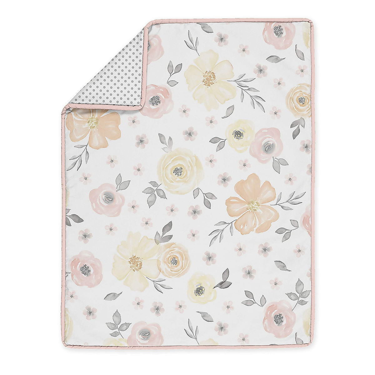 Sweet Jojo Designs Yellow and Pink Watercolor Floral Baby Girl Nursery Crib Bedding Set - 4 pieces - Blush Peach Orange Cream Grey and White Shabby Chic Rose Flower Farmhouse Polka Dot