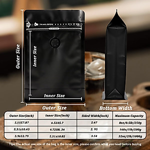 NEW Upgraded Coffee Bags with Valve (50 PCS, 32 oz/2 lb) Black High Barrier Aluminum Foil Flat Bottom Standing Coffee Bean Storage Bags, Reusable Heat Seal Side Zipper Pouches for Home and Store