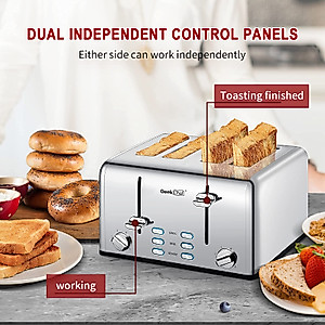 Toaster 4 Slice, Geek Chef Stainless Steel Toaster with Extra Wide Slots, 4 Slot Toaster with Bagel/Defrost/Cancel Function, Dual Control Panel of 6 Toasting Bread Shade Settings, Removable Crumb Trays, High Lift Lever, ETL