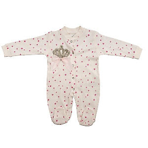 LAL & LUNA Baby 3 Pc Crown Jewel Cotton Outfit, Footie with Hat and Mittens (09-White -Pink Star (Girl), 0-3 Months)