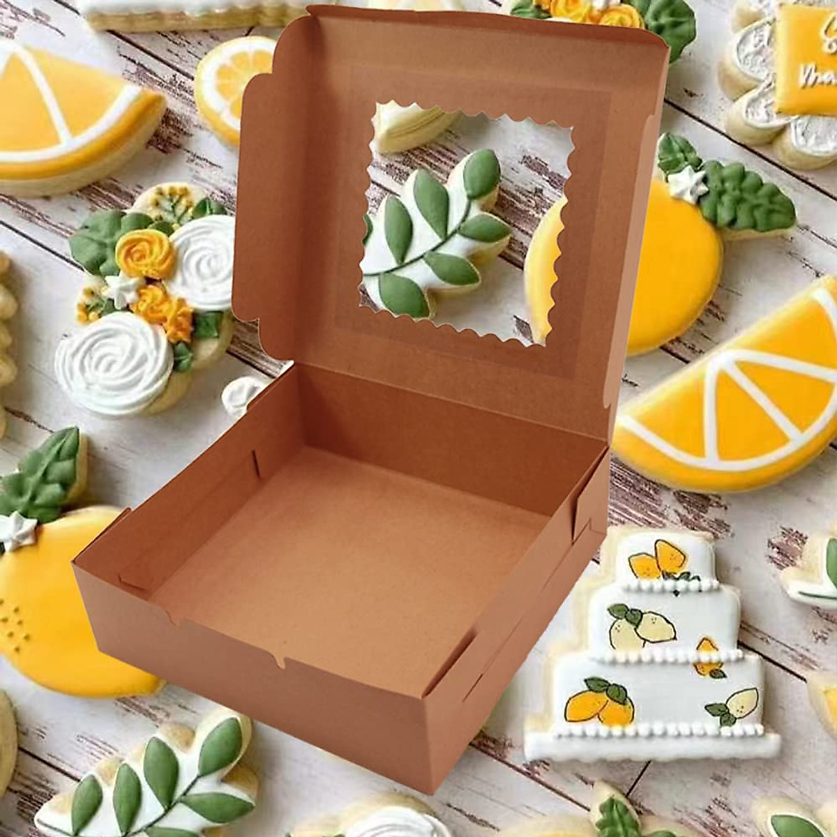 PQZKLDP 10Packs 10x10x2.5 Inches Brown Kraft Cake Boxes with Window, Gift Packing, Bakery Boxes, Dessert, Pastry, Cupcake, Pie Cookies, With Stickers,66 FT Twine(Brown, 10 * 10 * 2.5 Inch)