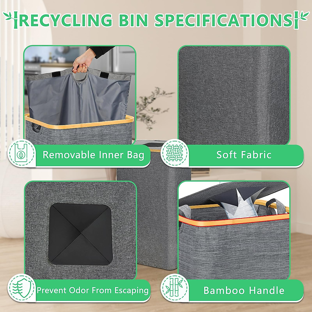 26 Gallon Recycling Bins for Kitchen, Indoor Home Recycle Bin with Lid, 100L Recycling Bin with 2 Removable Reusable Inner Bags, Soft Close Lid and Airtight, Collecting Bottle Can Glass Plastic