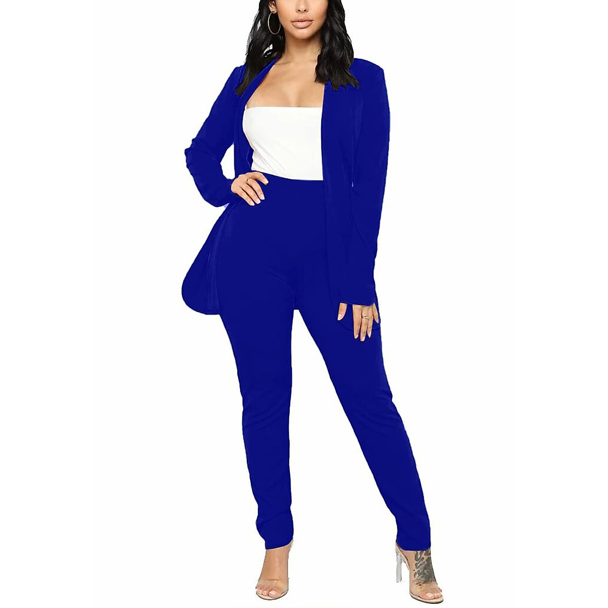 Womens Plus Size 2 Piece Blazer Set Casual Long Sleeve Business Blazer and Pant Suits Office Outfits Navy