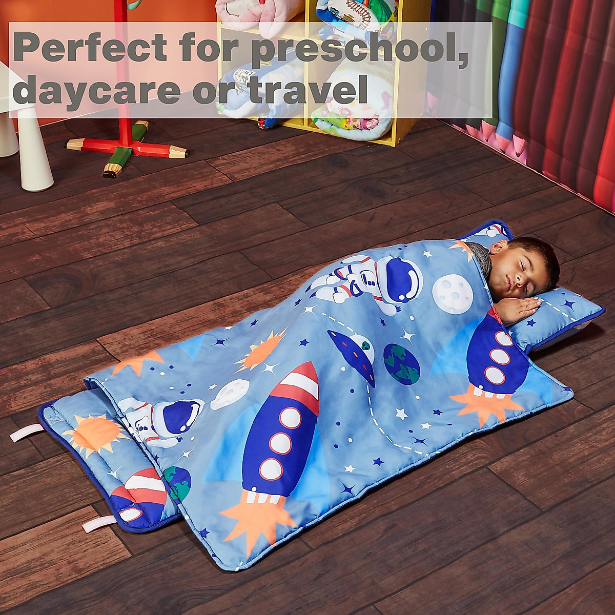 EVERYDAY KIDS Nap Mat w/Removable Pillow -Outer Space Adventures- Carry Handle with Straps Closure, Rollup Design, Soft Microfiber for Preschool, Daycare, Travel Sleeping Bag - Ages 3-6 Years