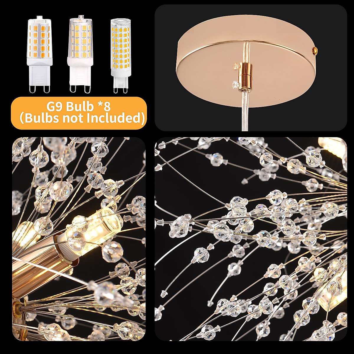 HOXIYA Modern Crystal Chandeliers Firework, Plug in Dandelion Chandelier, Gold Sputnik Pendant Light for Bedroom Foyer Hallway Entryway Kitchen, 8 Light Firework Dandelion Chandelier, G9 Socket