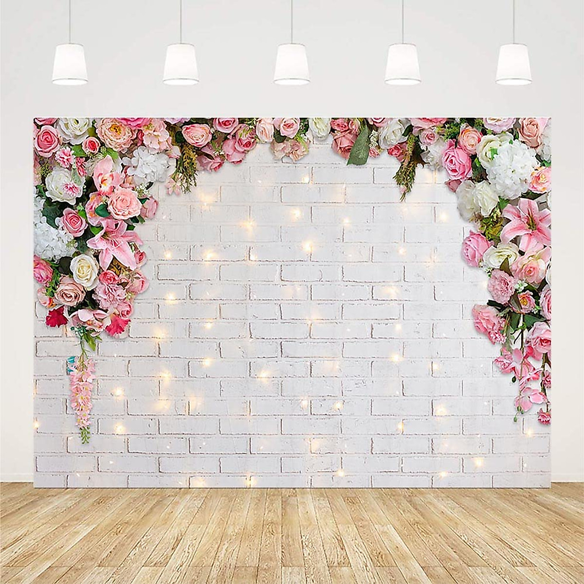 AIBIIN 7x5ft White Flowers Wall Pink Floral Photography Backdrop for Wedding Bridal Shower Engagement Ceremony Photo Background Baby Girl Birthday Party Portrait Cake Table Decor Photo Booth Studio