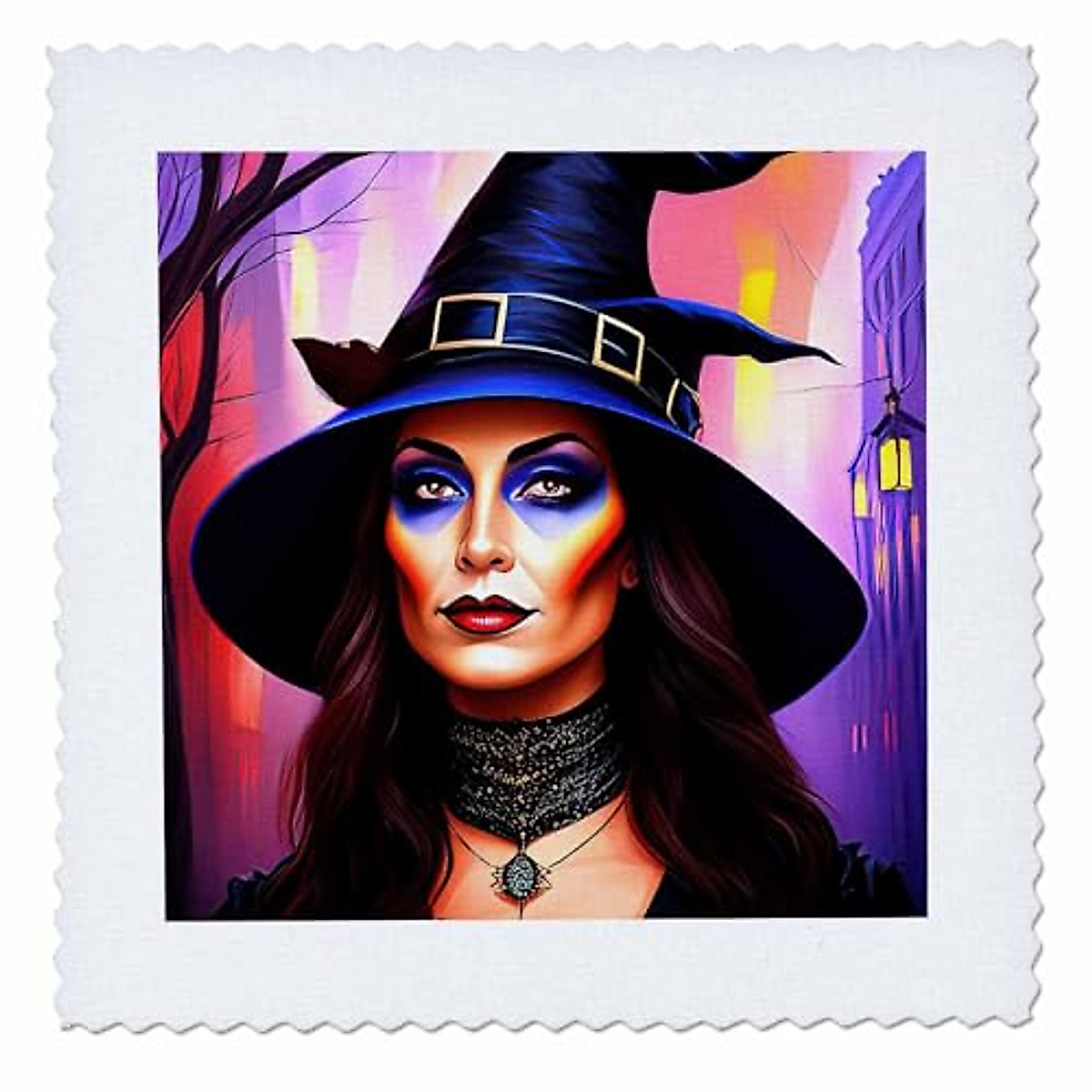 3dRose Stylish Witch Beauty in a Magic hat. Fantasy City. Halloween... - Quilt Squares (qs-378873-2)