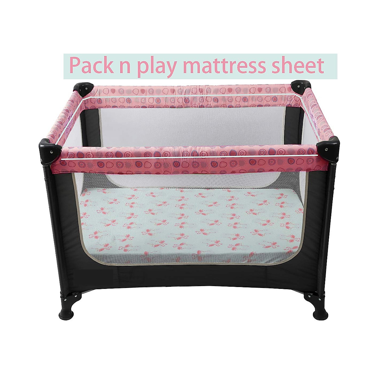 Tontukatu Pack n Play Stretchy Fitted Playard Sheet Set 2 Pack Jersey Knit Ultra Soft for Baby Girl Portable Mini Crib Sheets,Convertible Playard Mattress Cover,Flamingo Elephant Horse Lt Green Pink