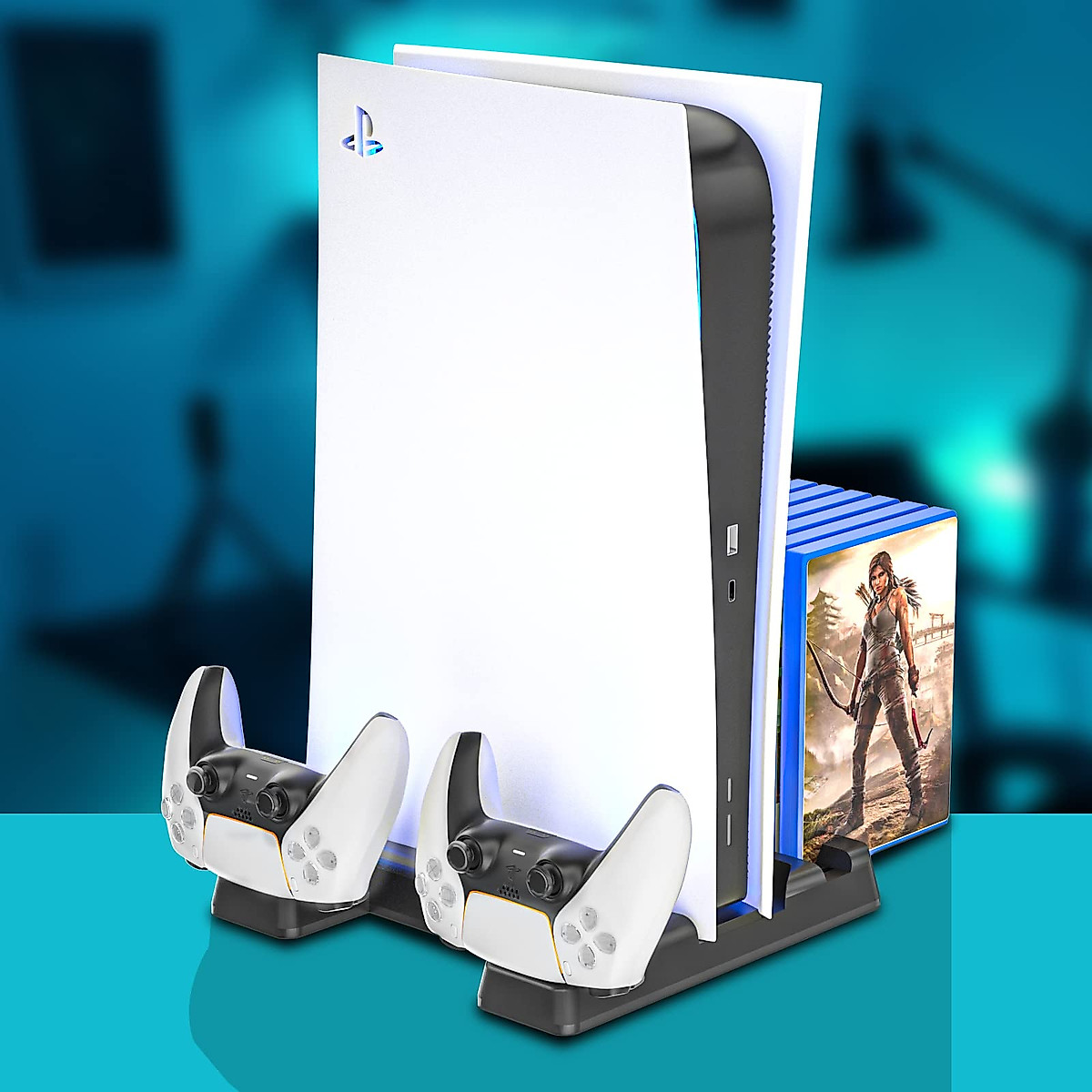 HEATFUN PS5 Charger Stand with Cooling Fan, 3 Levels Adjustable Speed, 12 Game Rack Organizer, Dual USB Ports, LED Indicator, Compatible with Disc and Digital Versions