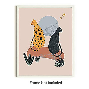 Abstract Mystical Jungle Cats No.11 Magical Wall Art Print - 11x14 UNFRAMED Boho Decor in Neutral Shades of Teal,Blue, Gold, Black & Terra Cotta.