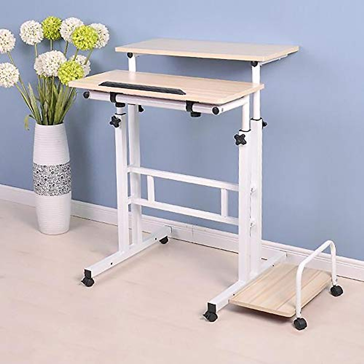 Mind Reader SDROLL-WHT Mobile Sitting, Standing Desk Rolling Reversible Home Office Laptop Workstation with Side Storage, Locking Wheels, Large, White
