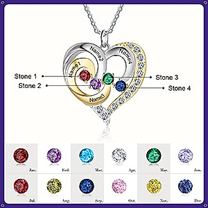GLAMCARAT 18k gold over Silver Birthstone Heart Shaped engraved necklace with 4 Birthstones, Engraved Names personalized women jewelry engraved child names mothers necklace sister grandma